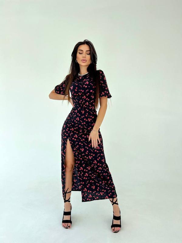 Сукня міді з квітковим принтом рукава ліхтарики з імітацією корсета з розрізом плаття біла