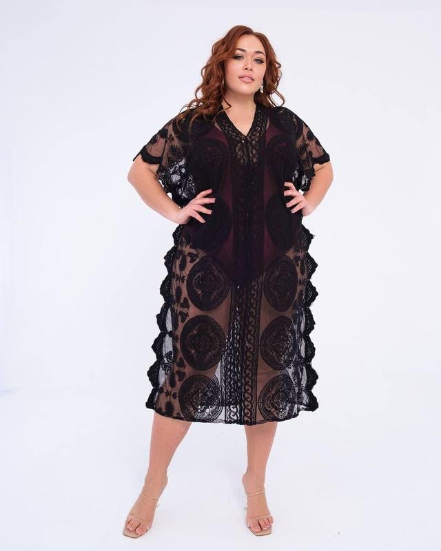 Жіноча мережвна пляжна туніка чорна великого розміру M 3xl дрібна сітка з вишивкою — ціна 720