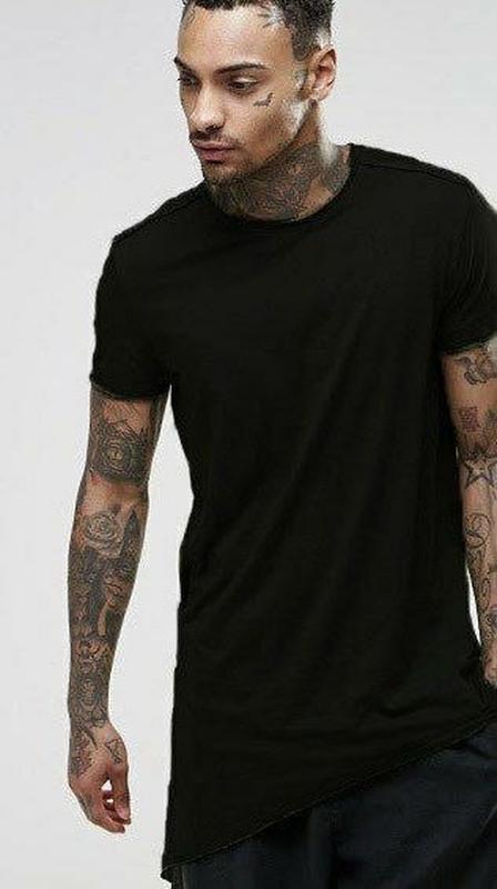Чоловіча асиметрична футболка 100 котон якісна коттонова чорна базова край коротше та довше