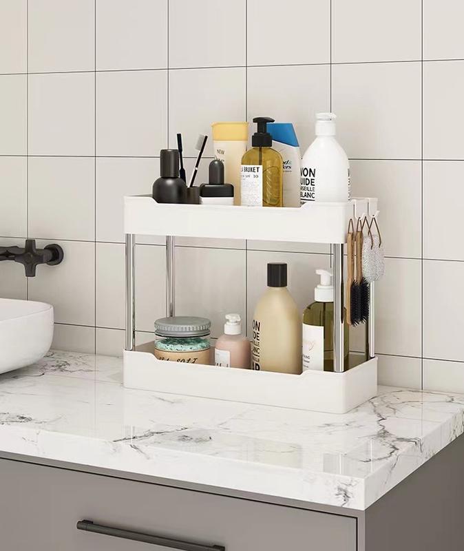 Етажерка полиця двоярусна пластикова настільна на 2 полиці 15 см з гачками у ванну кімнату на