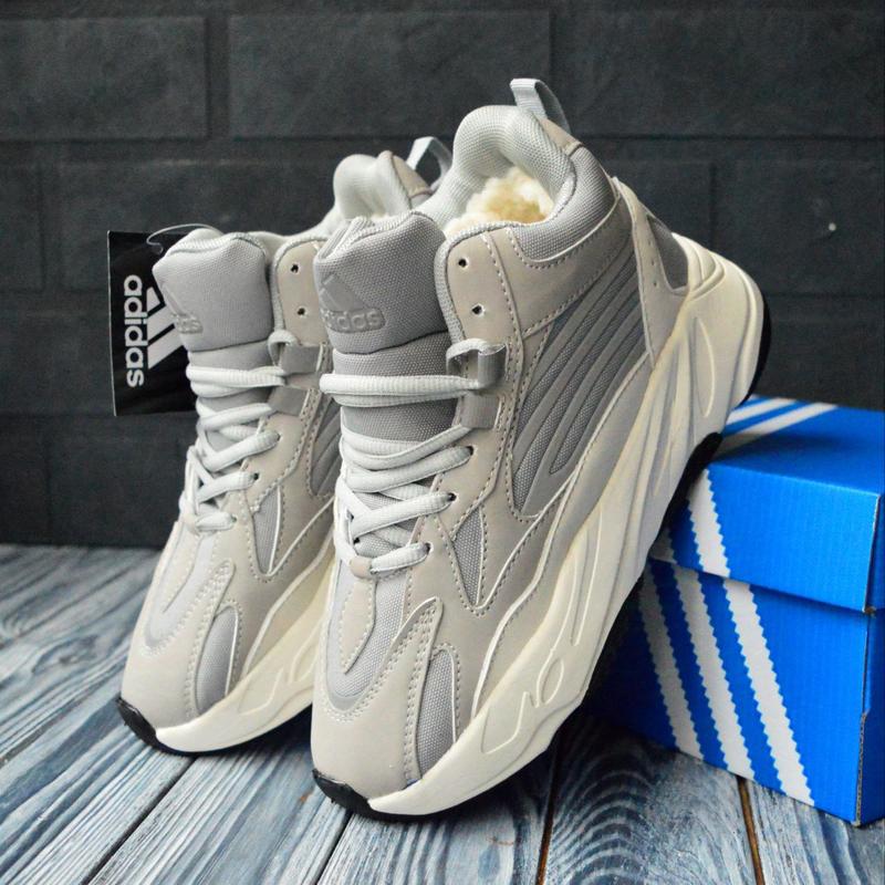 Жіночі кросівки на хутрі adidas yeezy boost high gray, сірі з бежевим ...