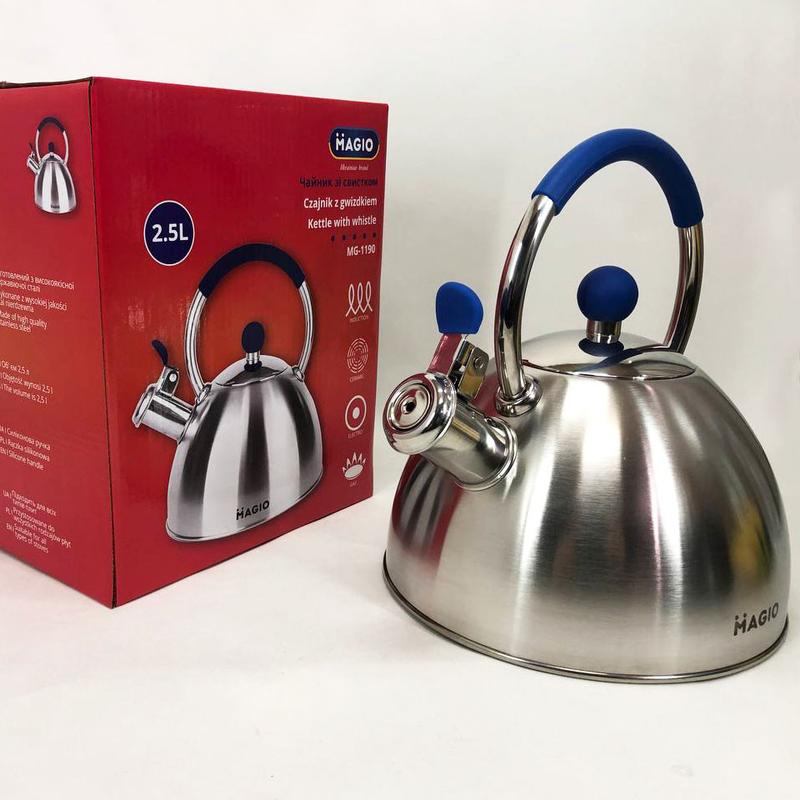 Чайник зі свистком magio mg-1190 2.5 л, гарний чайник зі свистком, металевий чайник з ...