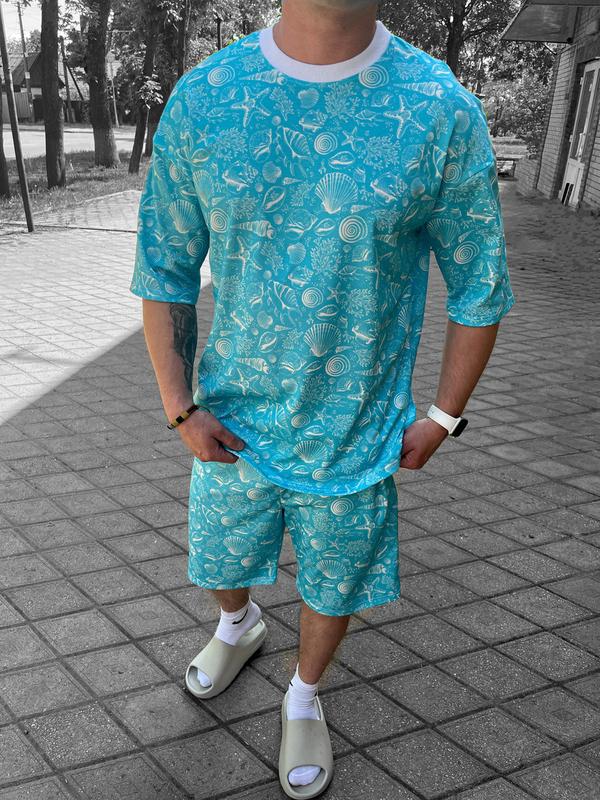 Летний модный мужской летний костюм рубашка с шортами casual голубой ...