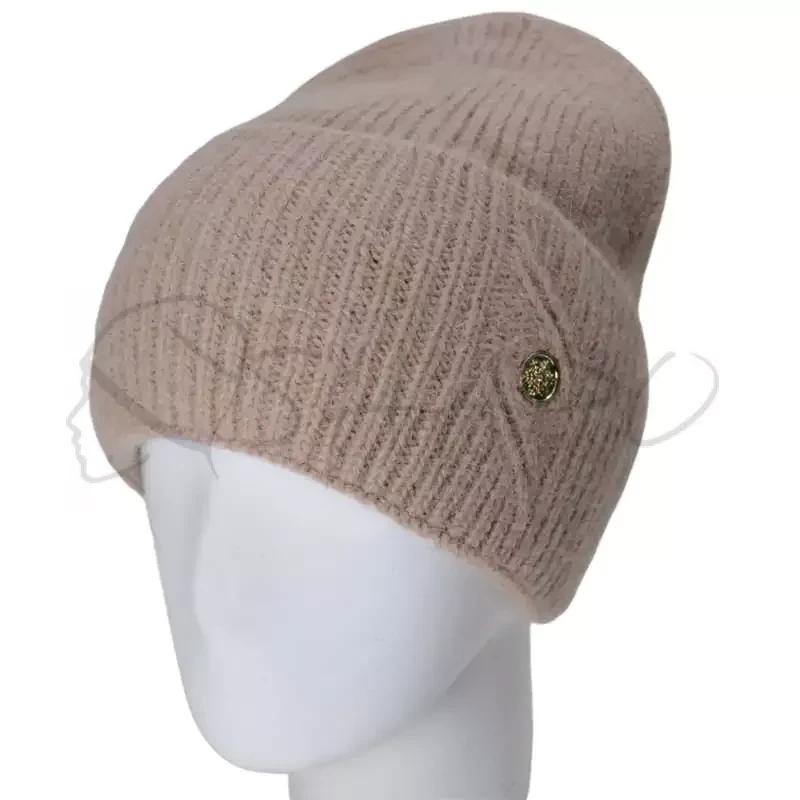 Жіноча шапка з ангори на флісовій зимовій підкладці з відворотом Novita квадро бежевий — ціна