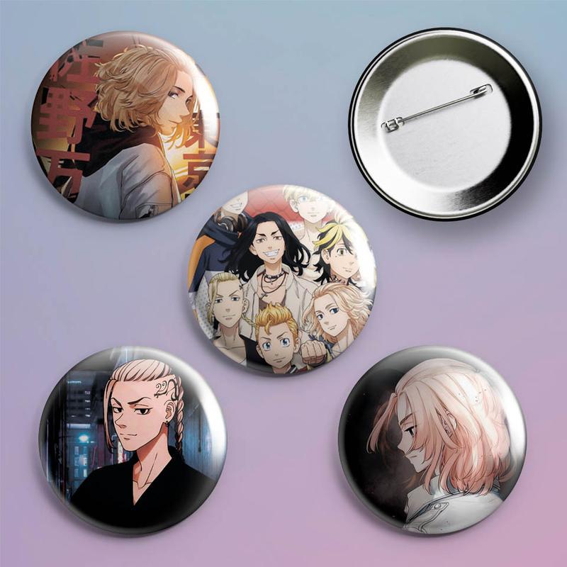 Закатні значки аніме токійські месники Tokyo Revengers металеві на шпильці 56 мм х 4 штуки