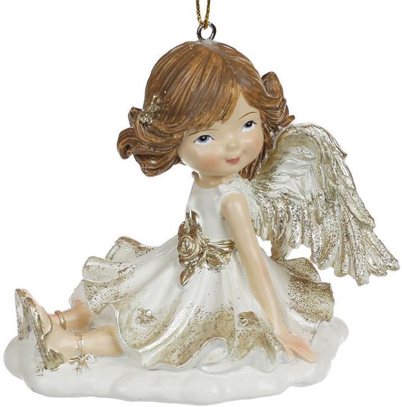 Набір 4 підвісні статуетки ангелок на хмарці 8 5 см полістоун білий із шампаню — ціна 1487