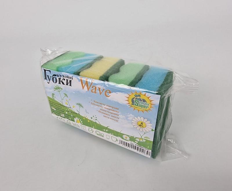 Губка кухонна для посуду рефлена поверхня 5 шт Wave супер торба 1 пачка — ціна 14 грн у