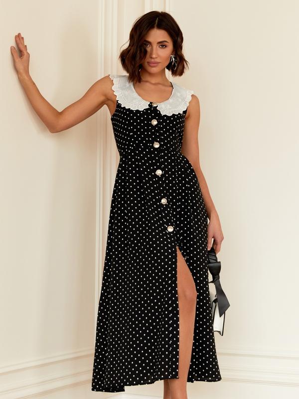 901234 чорна стильна сукня в горошок без рукавів з комірцем polka dot ...
