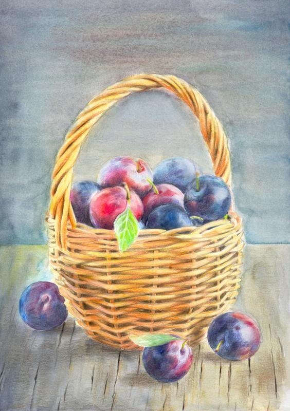 Акварель сливы в плетеной корзине — цена 450 грн в каталоге Картины