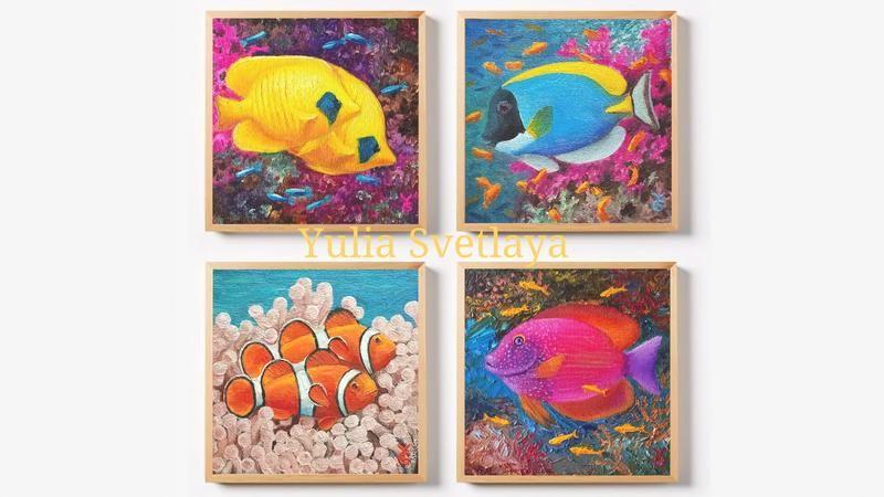 Картини тропічні риби 4 шт олійний живопис — ціна 3200 грн у каталозі Картини Купити товари для