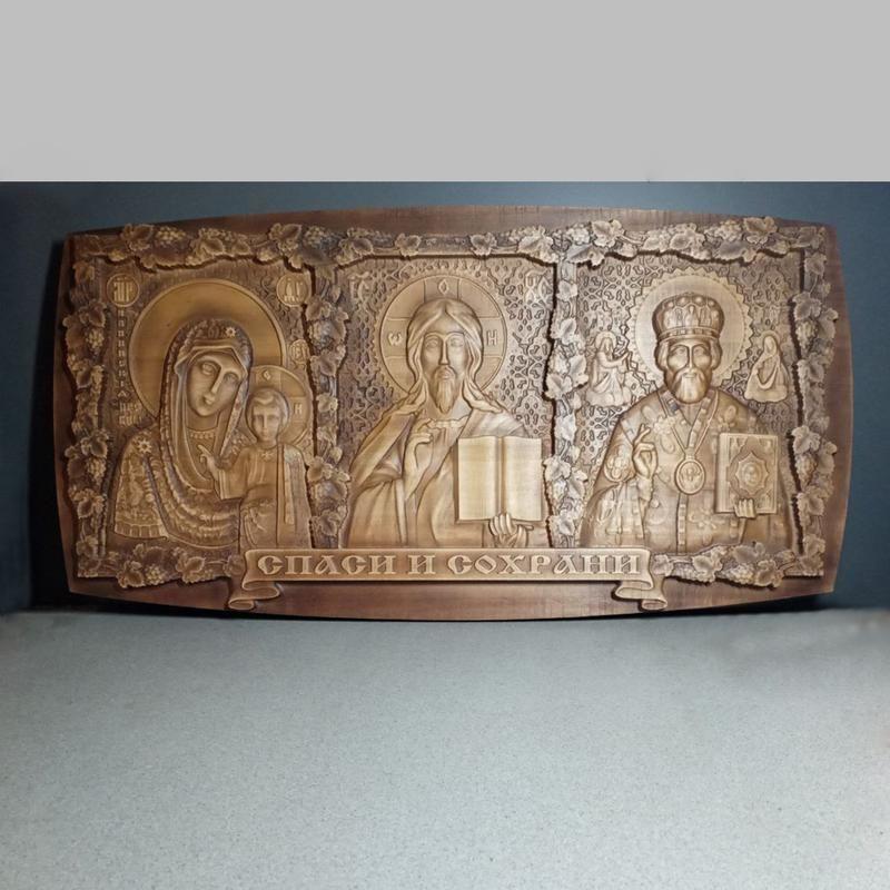 Икона резная деревянная богородица, спаситель, святой николай, триптих ...