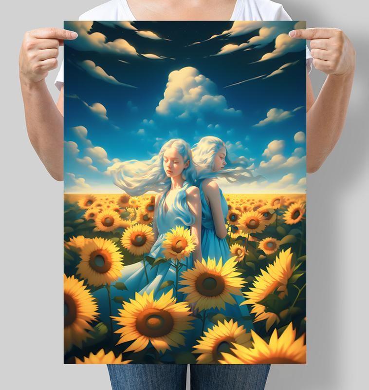 Постер дівчата у блакитних сукнях на соняховому полі — цена 280 грн в