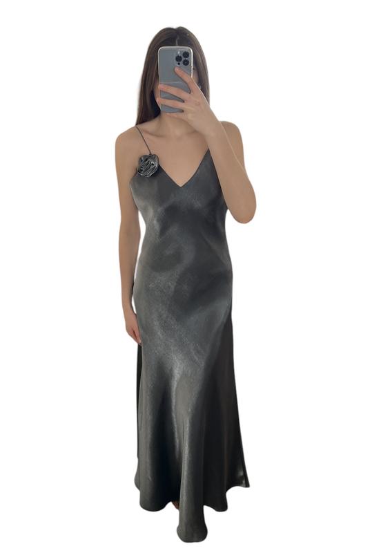 Вінтажна срібна/металік/сіра віскозна вечірня максі/довга сукня ...