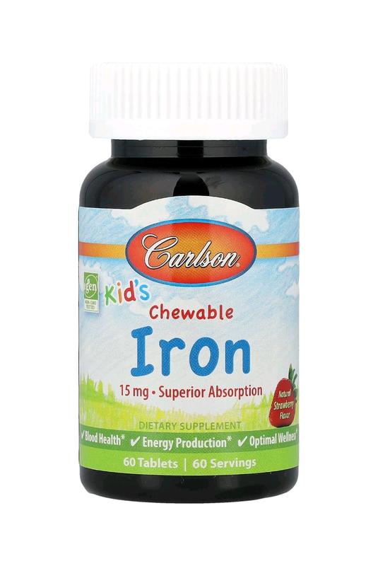 Carlson, kids chewable iron 15 мг (60 таб.), залізо гліцинат, залізо ...
