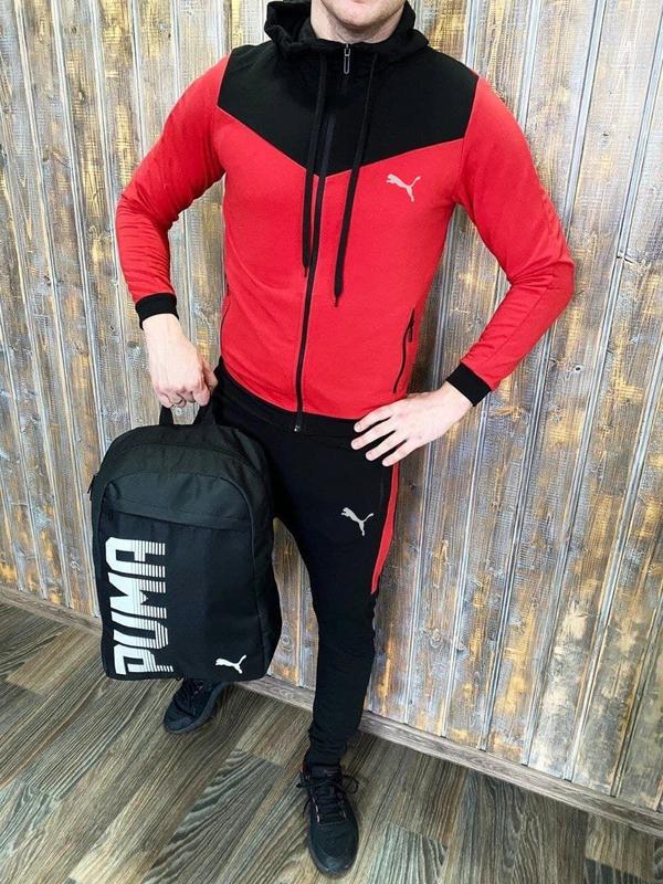 Топовый мужской спортивный костюм puma с капюшоном красный на манжете ...