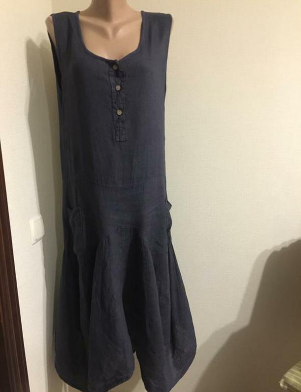 Льняний сарафан темно синього кольору — ціна 135 грн у каталозі Сарафани Купити жіночі речі за