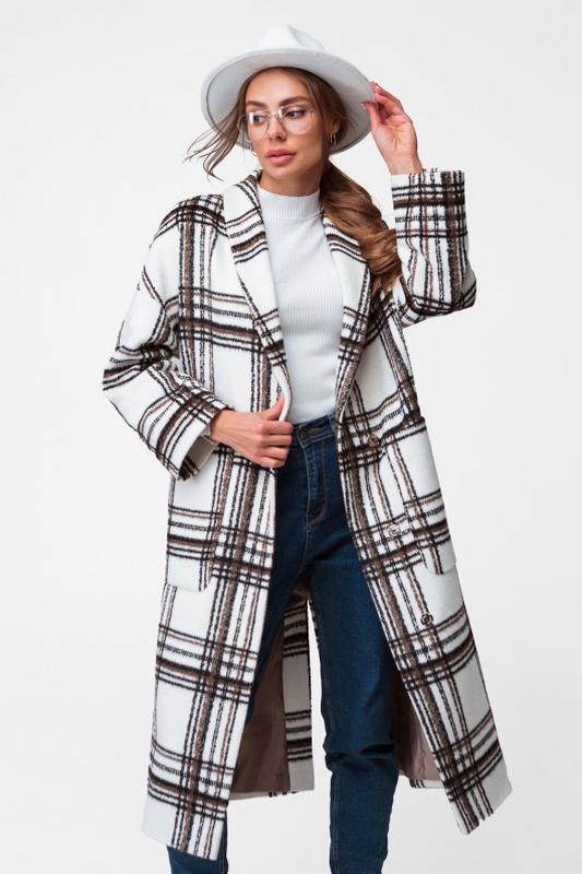 Пальто - халат женское, оверсайз, шерстяное, в клетку, коричнево белое ...