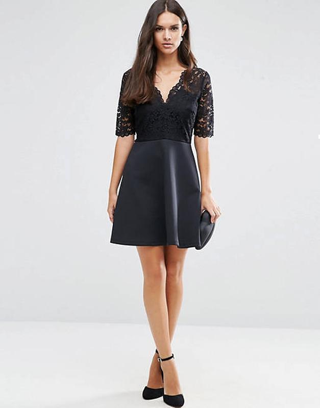 Asos асос платье чорне з гіпюром мереживом класичне базове рукав 3/4 вільна спідниця — цена 144 ...