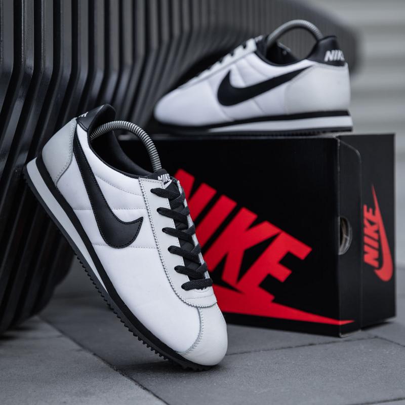 Мужские кожаные кроссовки nike cortez white black черно белые найк ...