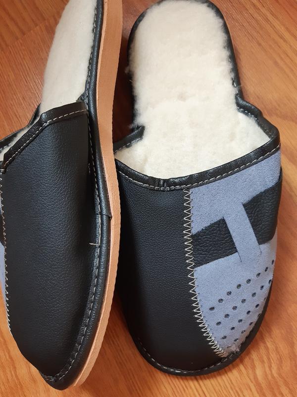 Тапочки мужские комнатные кожаные с овчиной ,закрытый носок ,синие, 40 ...