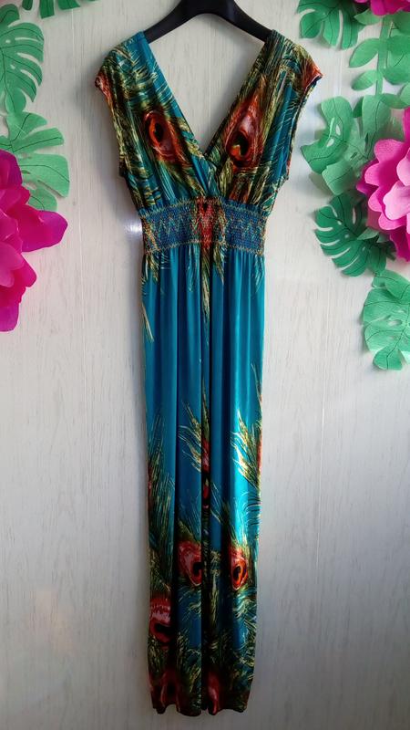 Довгий літній сарафан платі синє з принтом піря павича м — цена 140 грн в каталоге Сарафаны