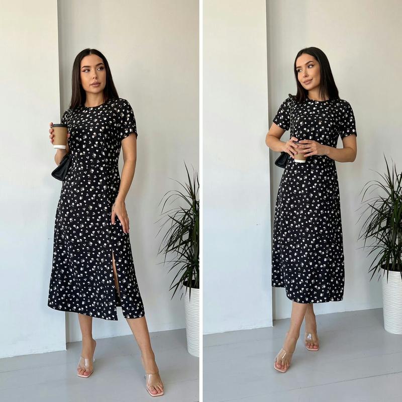 Жіноча сукня міді з розрізом чорна бежева зелена рожева квіткова весняна нарядна з коротким